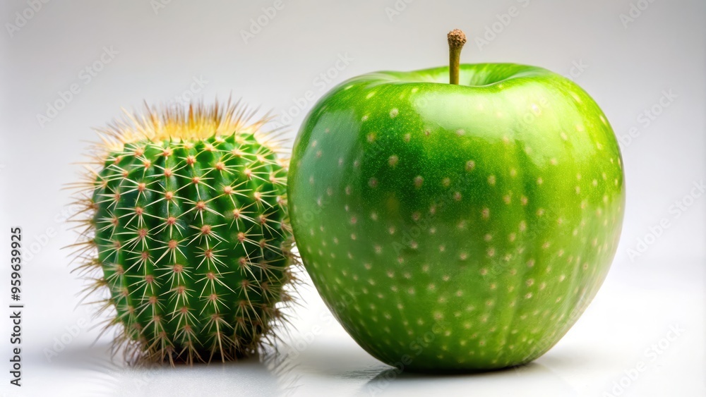 A sentient green apple with a cactus-like shape and soft, fuzzy texture ...