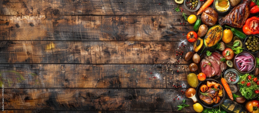 Summer BBQ or picnic food side border featuring a variety of grilled ...