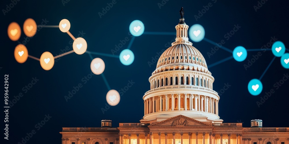 us capitol building illuminated at night with abstract network of ...