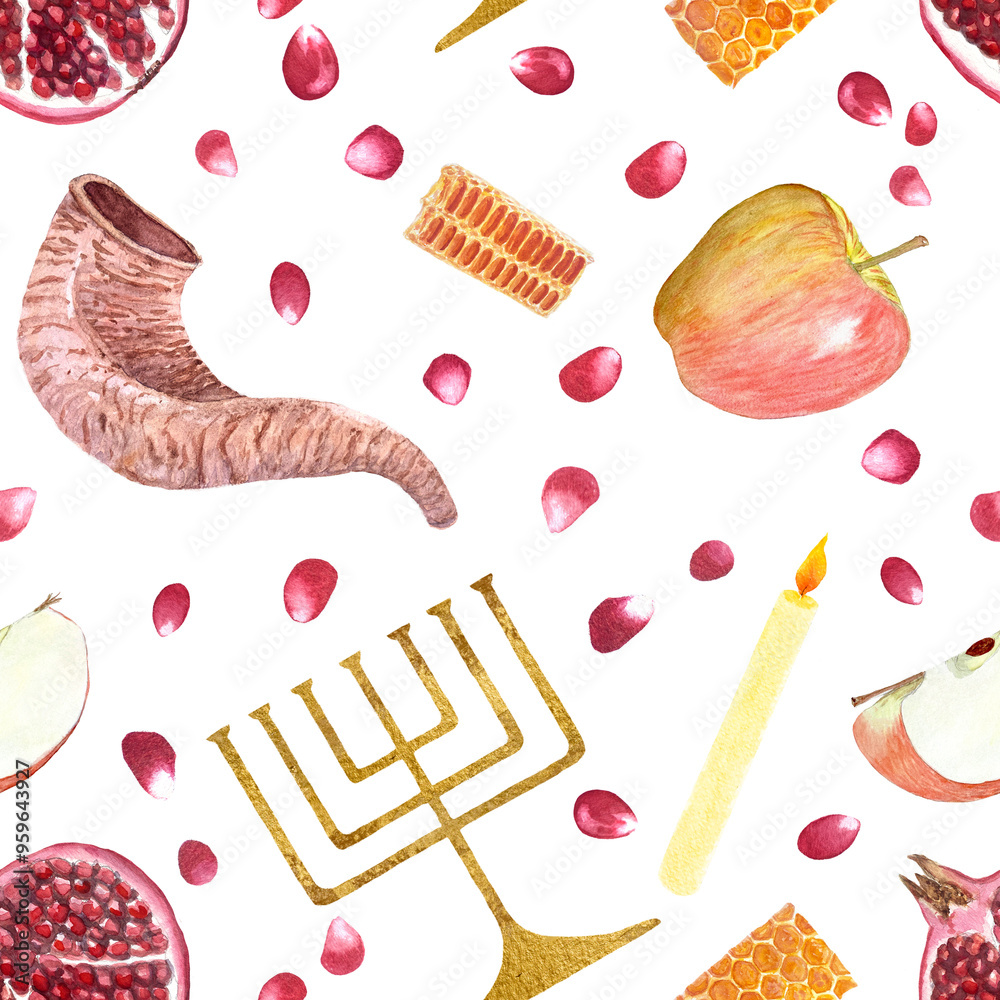 Shofar, apple, pomegranate, honeycomb, menorah, candle hand painted ...