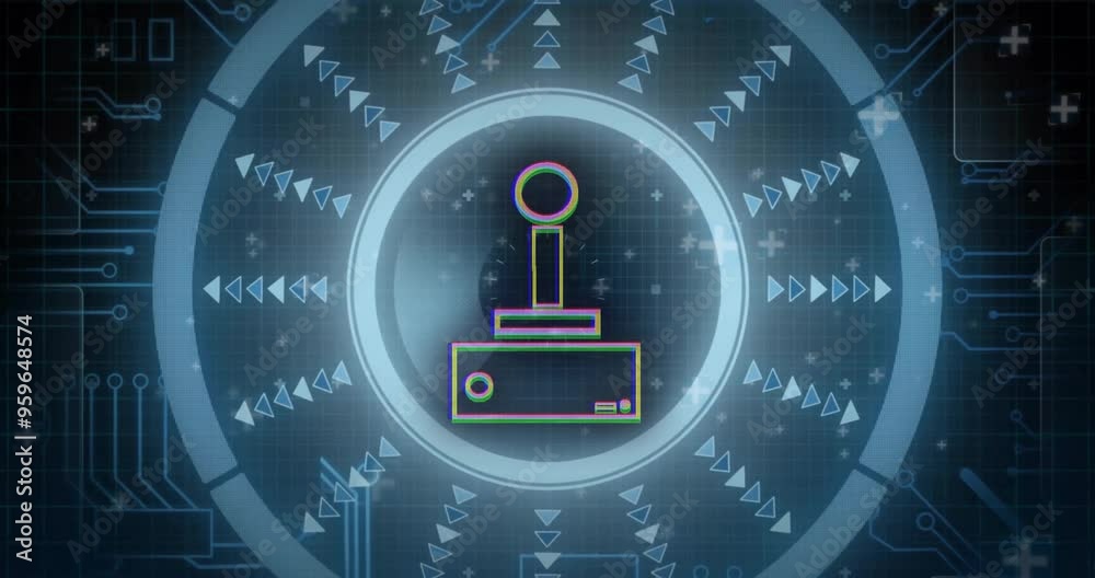 Joystick icon with geometric shapes and digital symbols in blue ...