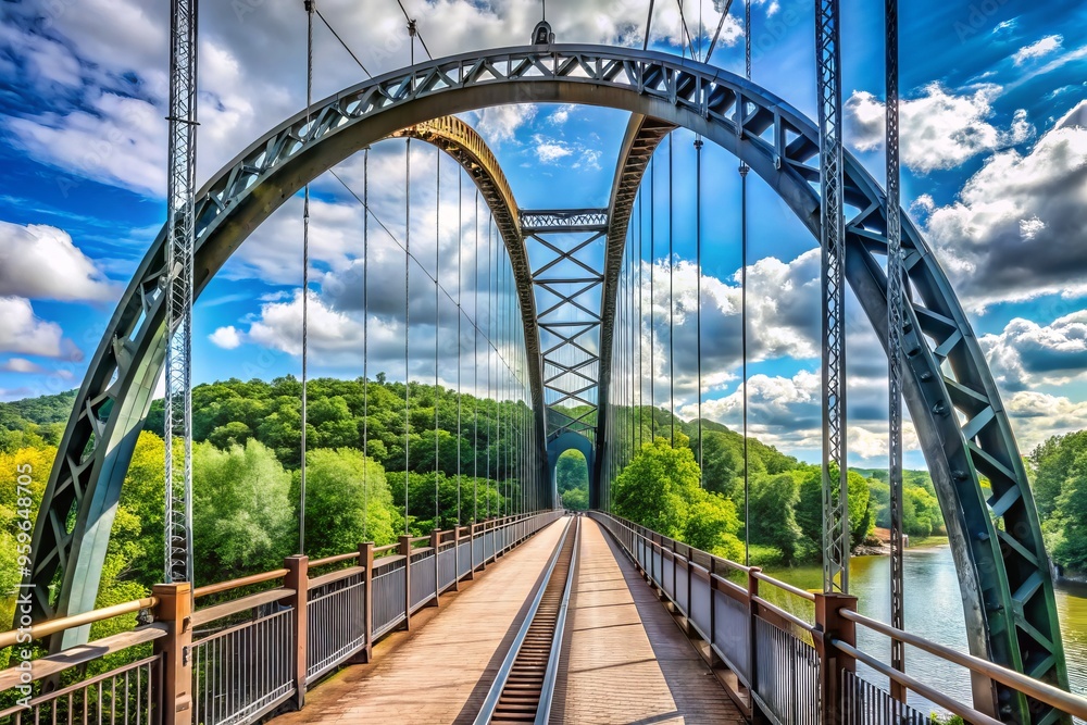 Sweeping steel catenary arch of a suspension bridge stretches across ...
