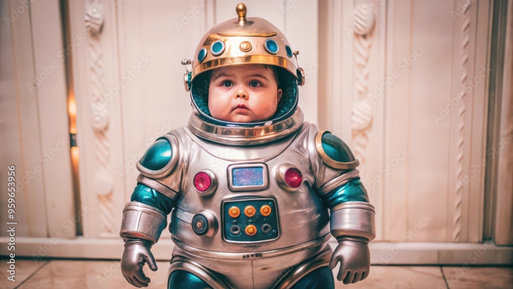 Baby Dressed as an Astronaut in a Silver and Teal Spacesuit Stock Photo ...