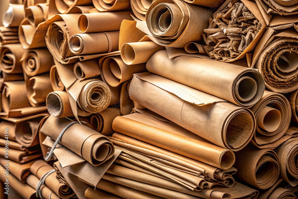 Piled high, brown kraft paper dominates the frame, with scattered paper ...
