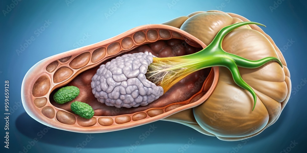 Photo image of a gallbladder with a clouded interior, a white calculus ...