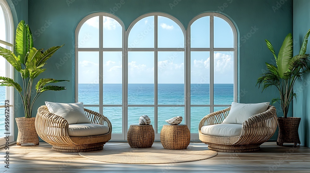 Beachfront living room designed with pastel green walls, white-washed ...