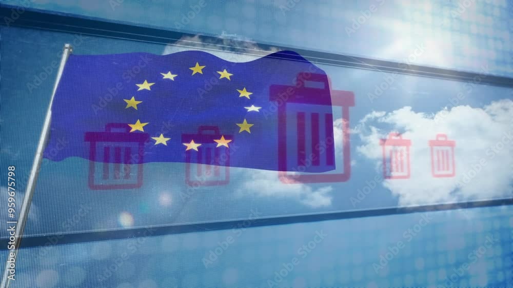 European Union flag with trash bin icons animation over blue sky and ...