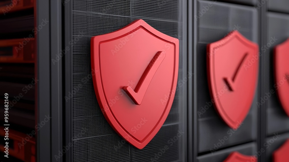 Conceptual Cloud Storage System With Shields And Backup Icons Disaster Recovery Visualization