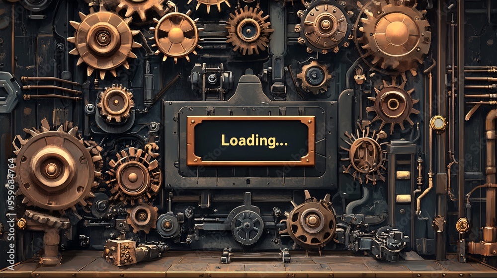 Industrial Steampunk Loading Screen Vector with Metallic Gears and Cogs ...