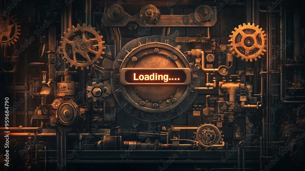 ภาพประกอบสต็อก Steampunk Workshop Loading Screen Vector with Gears and ...