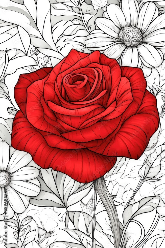 Line art illustration of red roses and wildflowers featuring a coloring ...