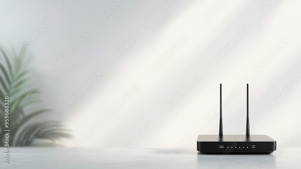 minimalist black and white depiction of a Wi-Fi router with an antenna ...
