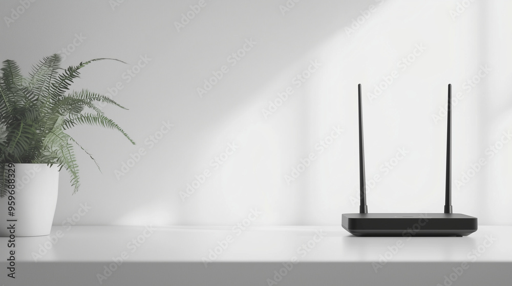 minimalist black and white depiction of a Wi-Fi router with an antenna ...