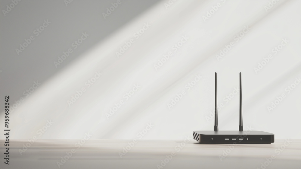minimalist black and white depiction of a Wi-Fi router with an antenna ...