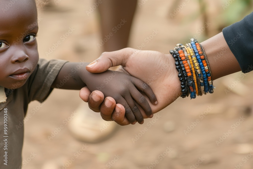 Helping children. Volunteer. Adult holding smal hands of little african ...