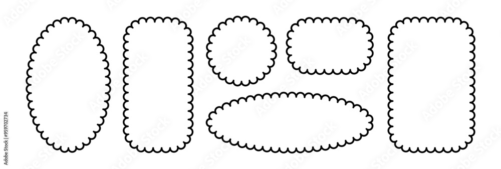 Circle and square scalloped frames. Scalloped edge rectangle and ellipse shapes. Simple label ...