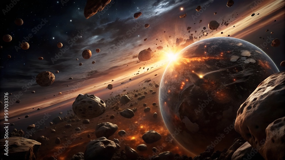 cataclysm in the universe. falling planets and meteorites rushing at ...