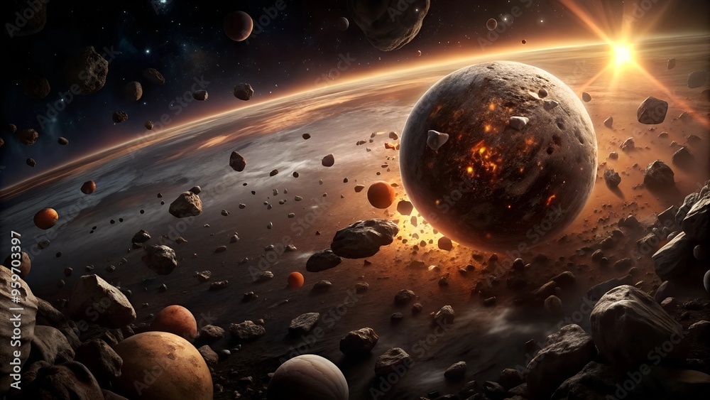 cataclysm in the universe. falling planets and meteorites rushing at ...