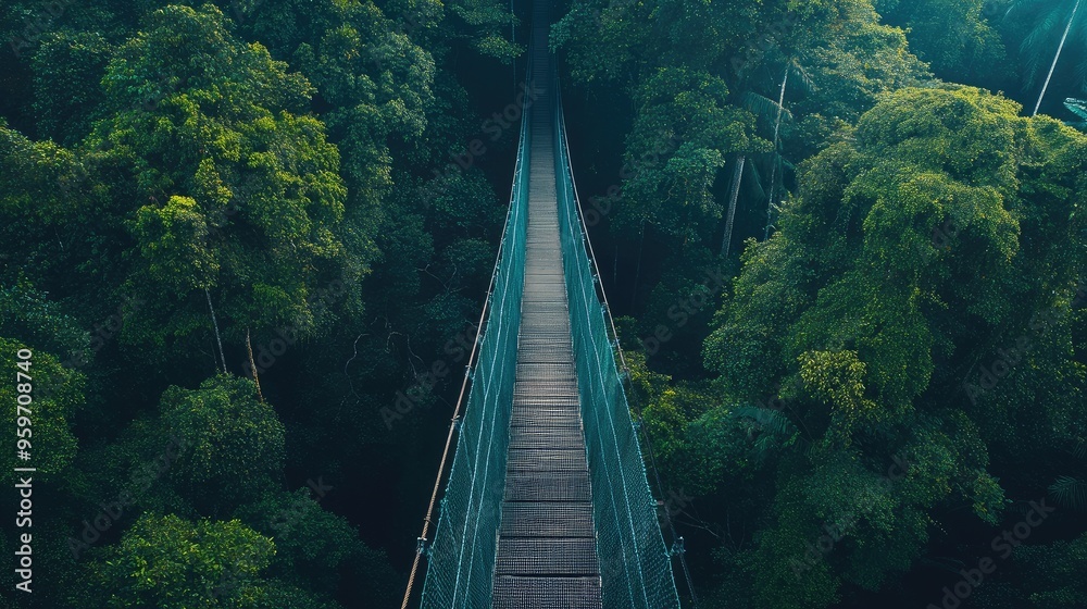 Aerial perspective of the Borneo rainforest canopy walkway, weaving ...
