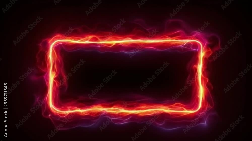Animated loop featuring a neon light rectangle frame with a fiery glow ...