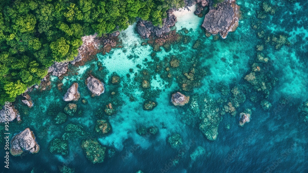 Aerial shot of the stunning coral reefs and marine life around Redang ...