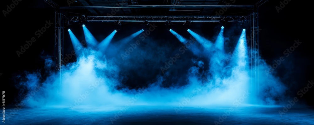 Eerie, fog-filled stage bathed in cool blue lighting, showcasing the ...