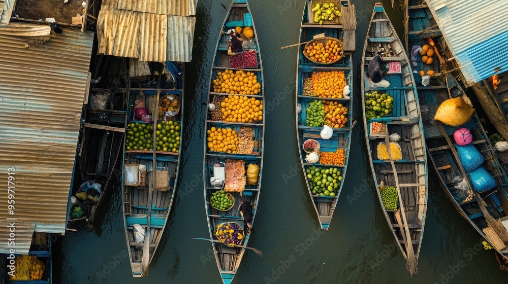 Bird's eye view of floating markets on the Tonle Sap, boats packed with ...