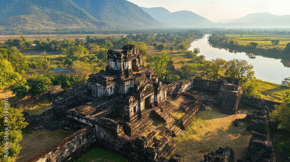 Bird's eye view of the ancient Wat Phu temple ruins in Champasak, set ...