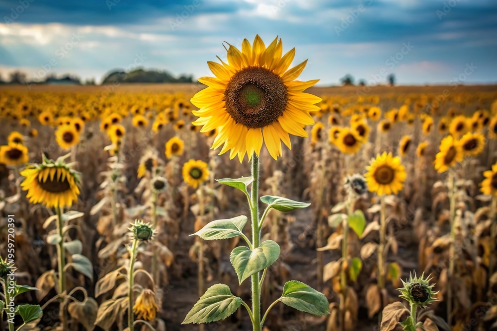 sunflower standing strong in witlted flower field. Resilience and ...