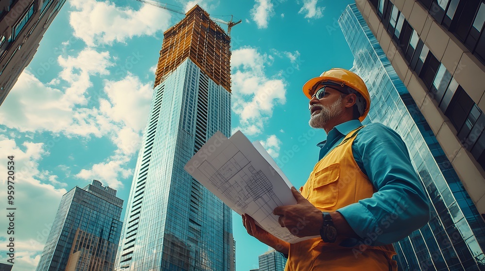 Engineer Reviewing Blueprints in Front of a Skyscraper Construction: A ...