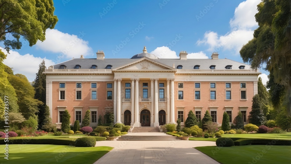 Stately mansion-like university building, combining traditional and ...