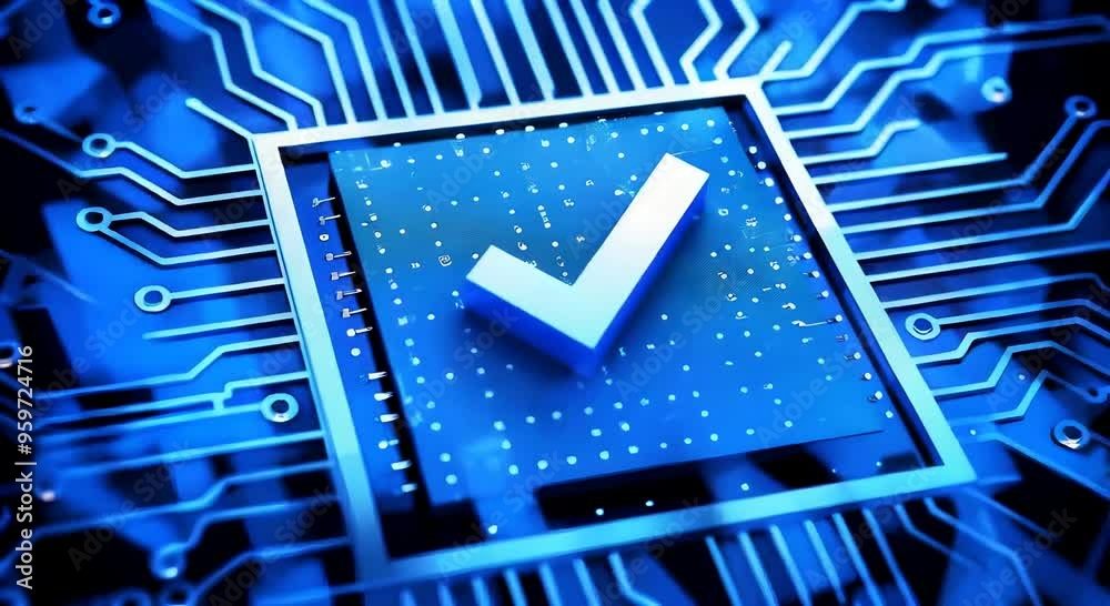 Blue digital checkmark icon on circuit board background symbolizing ...