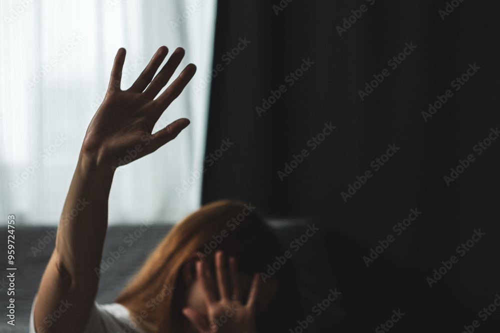 The woman in the photo looks depressed and scared, she has suffered ...