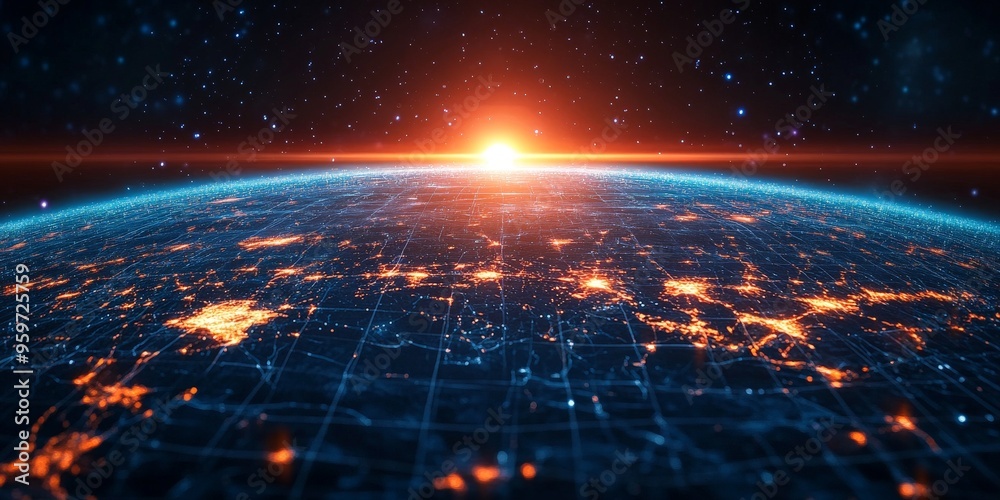 Digital World Map with Glowing Grid and Global Connections Stock ...