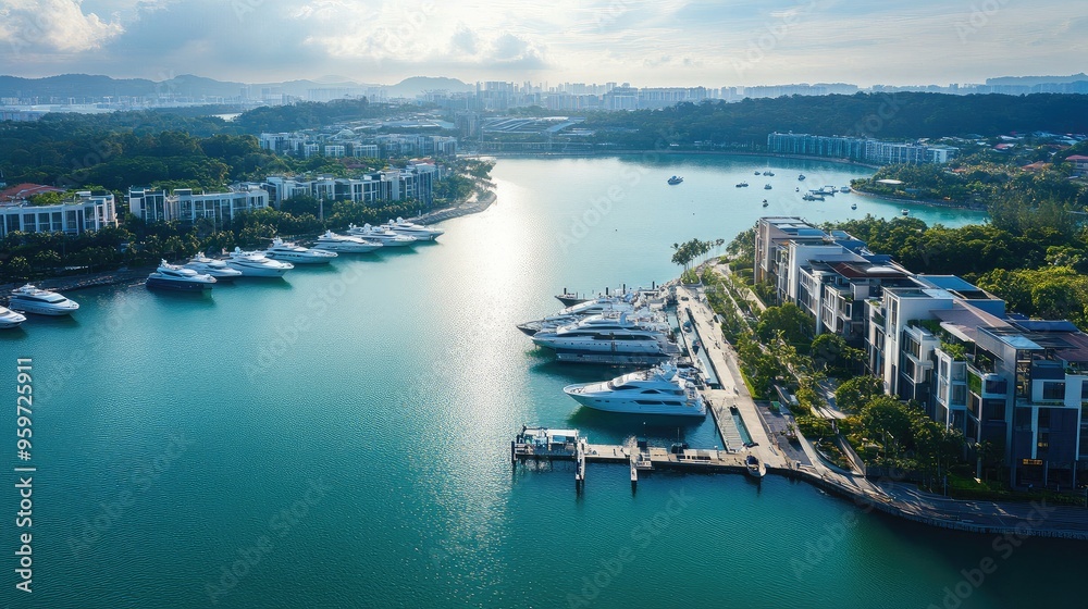 Bird's eye view of the serene waters and modern architecture of Keppel ...