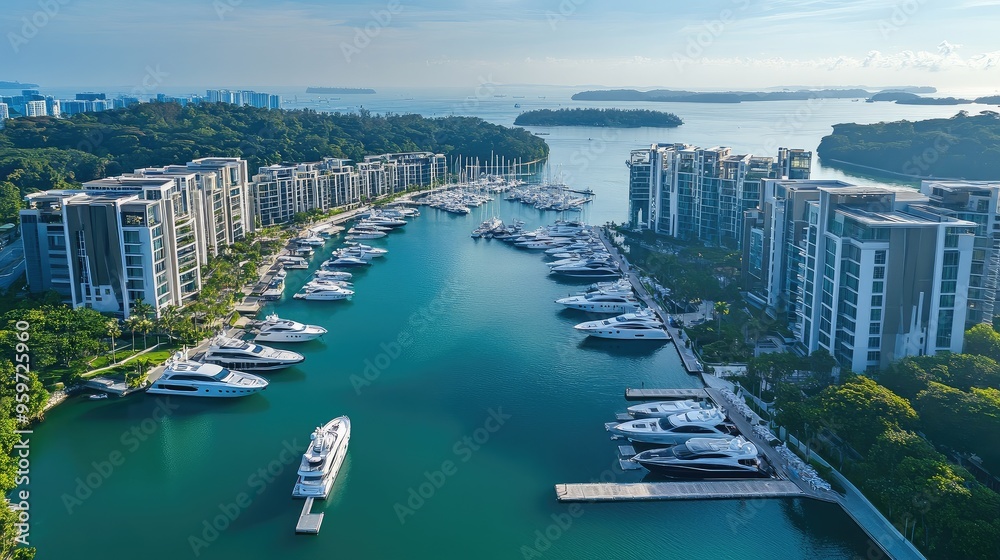 Bird's eye view of the serene waters and modern architecture of Keppel ...