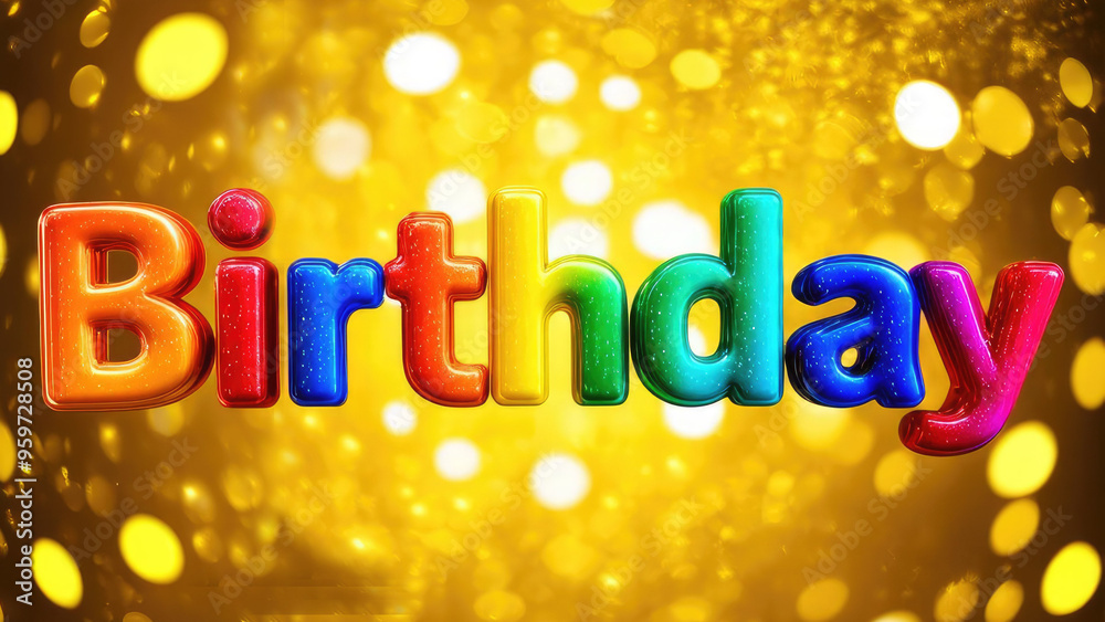 color word Birthday on gold glitter background with gold light shot up ...