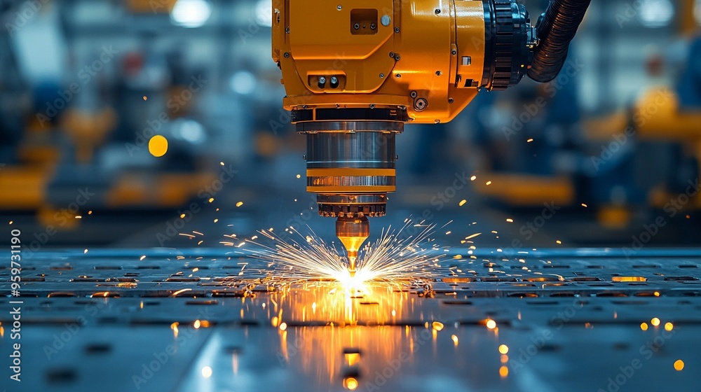 Industrial Laser Precision: A robotic arm wields a high-powered laser ...