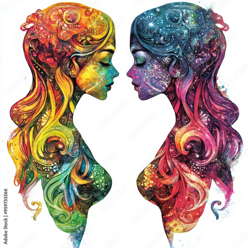 Colorful profile silhouettes of two women with intricate designs and ...