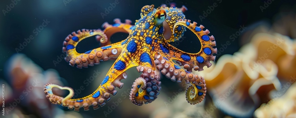 Blue-ringed octopus flashing iridescent rings, 4K hyperrealistic photo ...