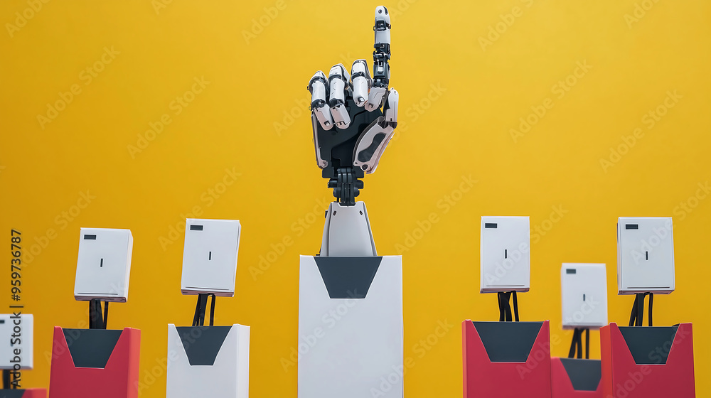 robot hand pointing upward at the top of an array of white and red ...