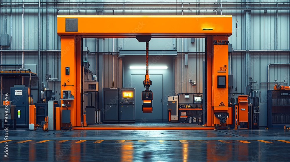 Industrial Automation: A robotic arm suspended from a gantry crane ...