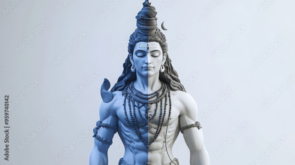 A 3D cartoon of Lord Shiva as Ardhanarishvara, symbolizing the union of ...