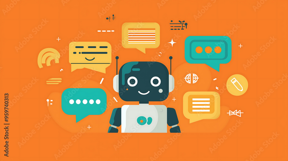 flat vector illustration of an AI chatbot surrounded by speech bubbles ...