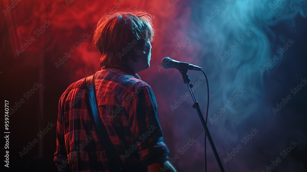 Black silhouette of male rock star singer with a microphone. singer ...