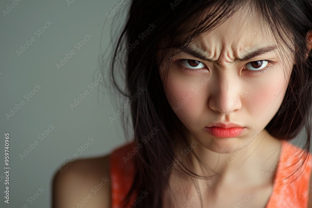An angry young Asian girl looks at the camera. A dissatisfied, frowning ...