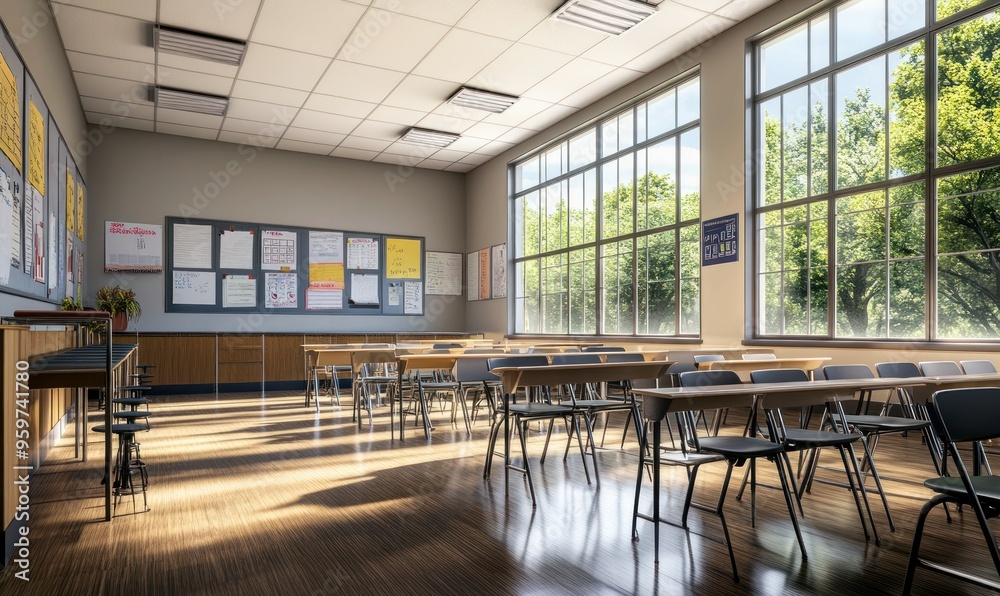 Classroom interior with neatly arranged desks and chairs. The room is ...