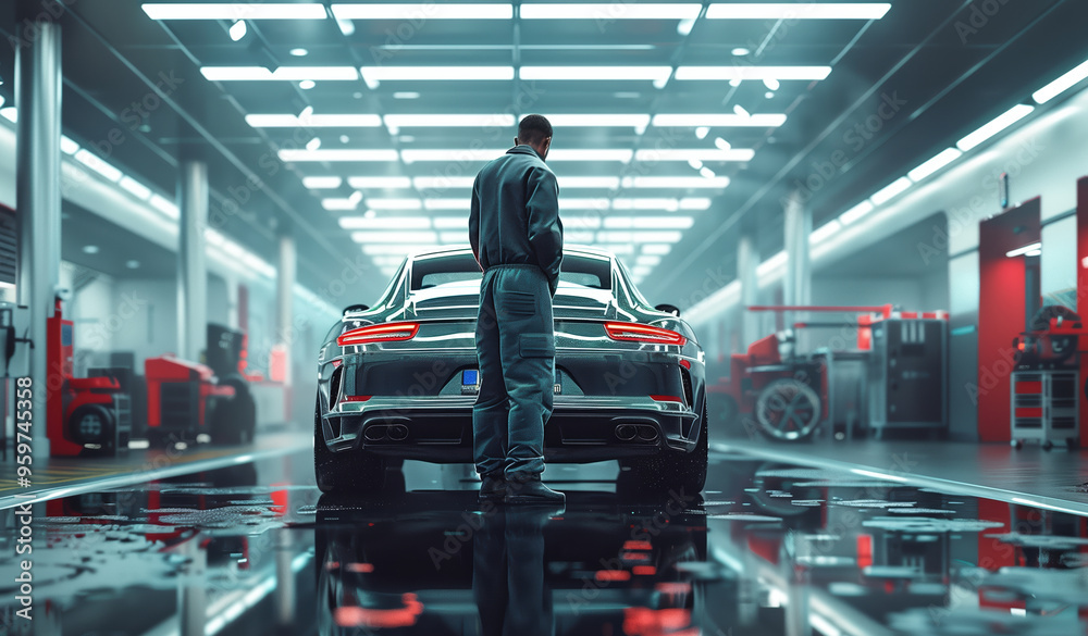 Mechanic is admiring a sports car inside a modern and spacious garage ...