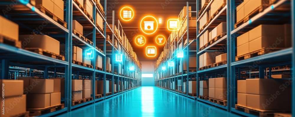 A modern warehouse with shelves filled with boxes and digital icons ...