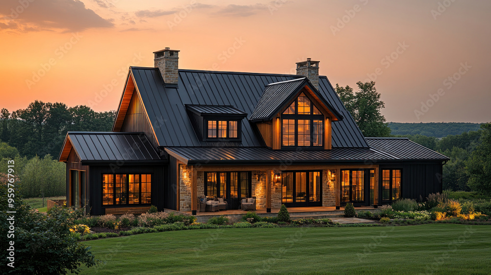 Black metal roof barn, highlighting a traditional barn structure with a ...